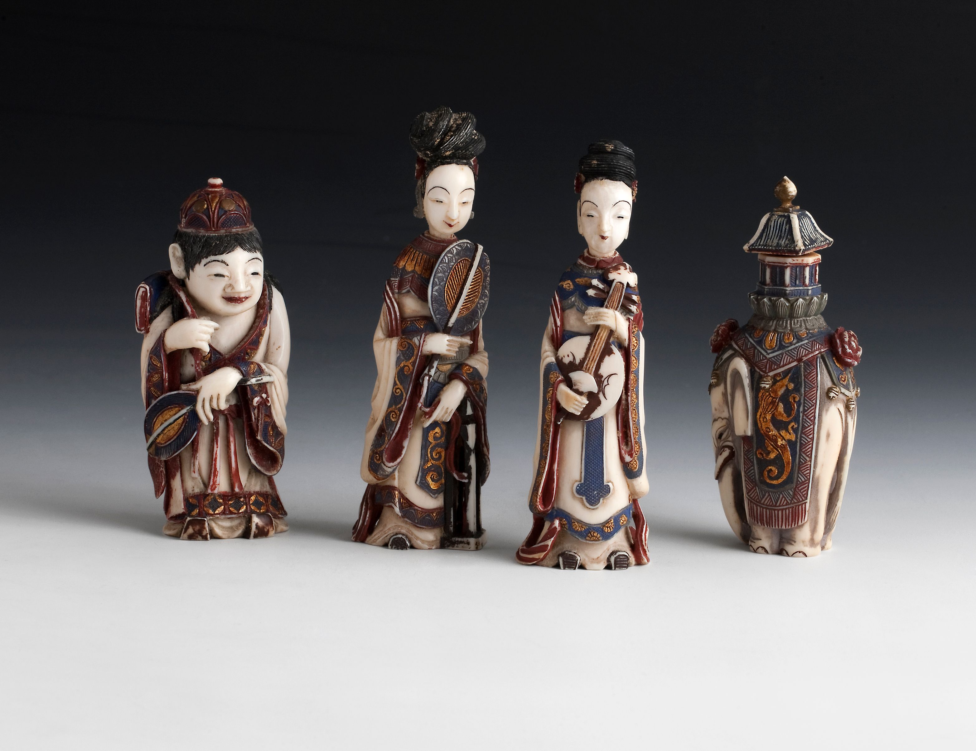 Bonhams : Four stained ivory snuff bottles All bearing Qianlong marks ...