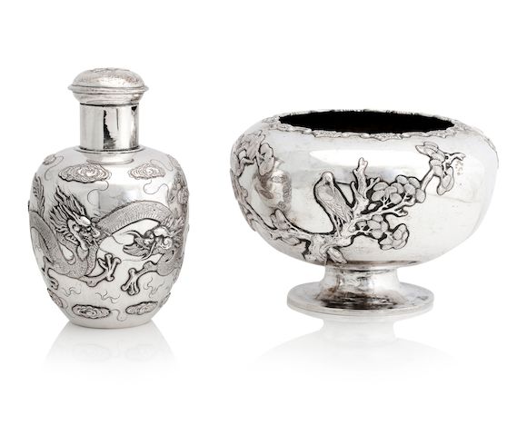Bonhams : An export silver tea caddy and bowl and Indian ewer The bowl ...