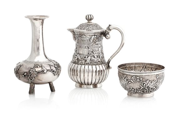 Bonhams : A silver vase, covered jug and bowl Marked as Sing Fat (early ...