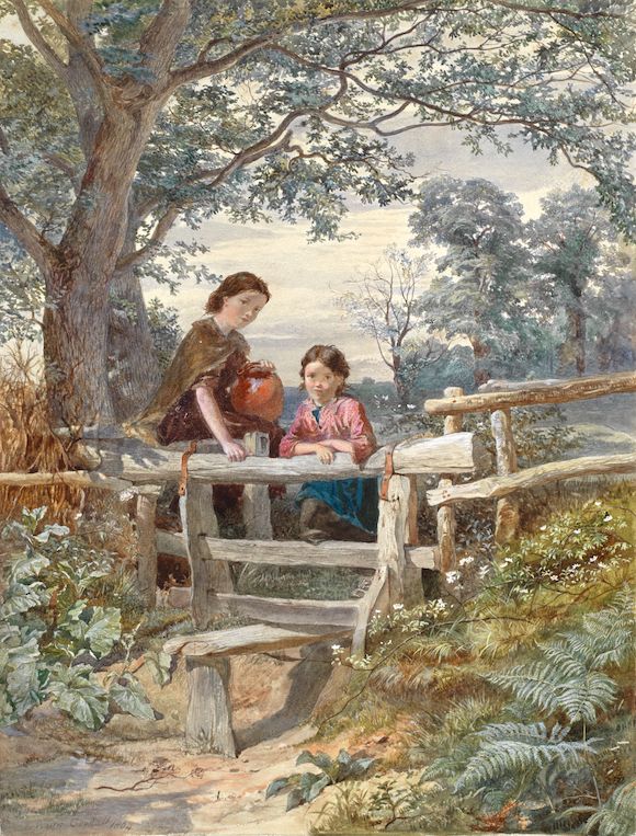 Bonhams : Walter Goodall (British, 1830-1889) Two girls by a country style