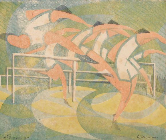 Bonhams : William Greengrass (British, 1896-1970) Hurdlers Linocut ...