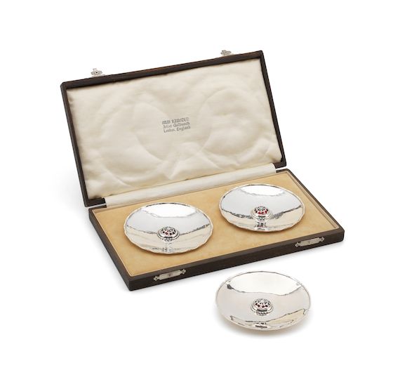 Bonhams : OMAR RAMSDEN A cased pair of silver and enamelled 'Tudor Rose ...