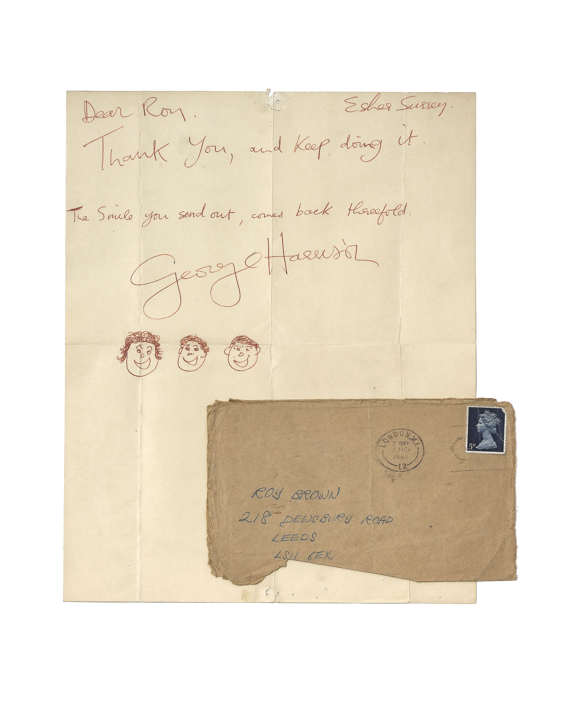 Bonhams : George Harrison A letter sent to a fan, 1969,