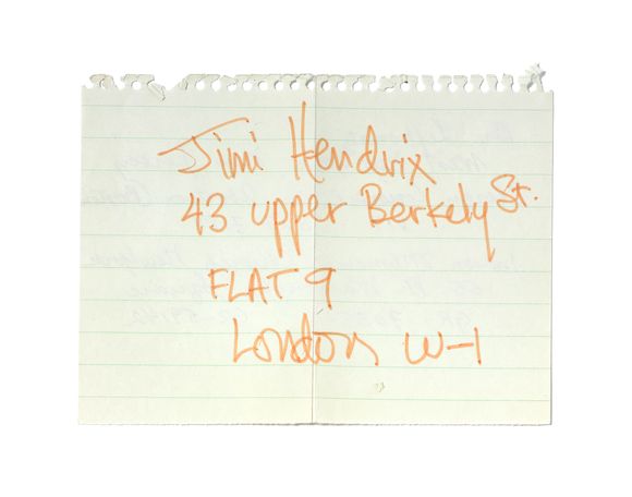 Bonhams : Jimi Hendrix: A handwritten note of his London address, 1967,