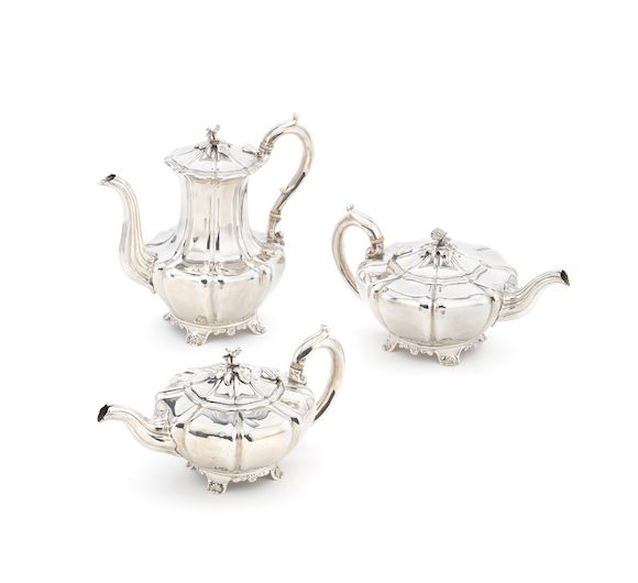 Bonhams : A matched silver coffee pot and two tea pots by John Wranham ...