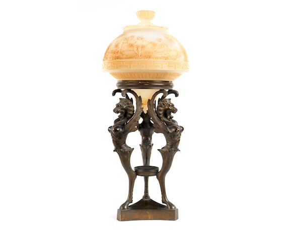 Bonhams : A Neo-Grec style bronze lamp base with carved alabaster shade