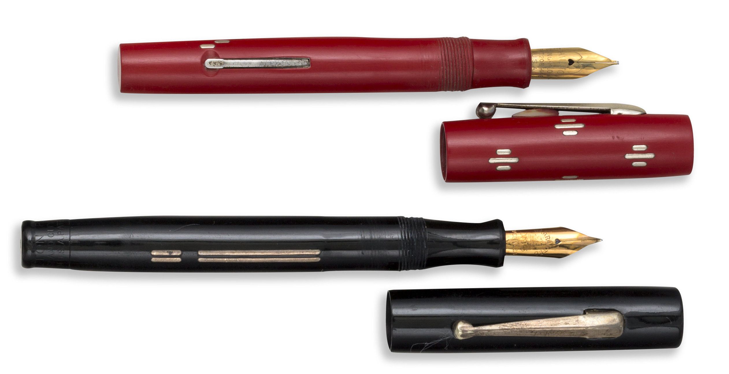 Bonhams : CHILTON Pair of Wing-Flow Fountain Pens, Red and Black, 1930s