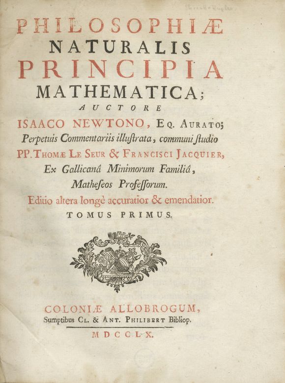 Bonhams : NEWTON (ISAAC) Philosophiae naturalis principia mathematica, 3 vol., Geneva, C. & A ...