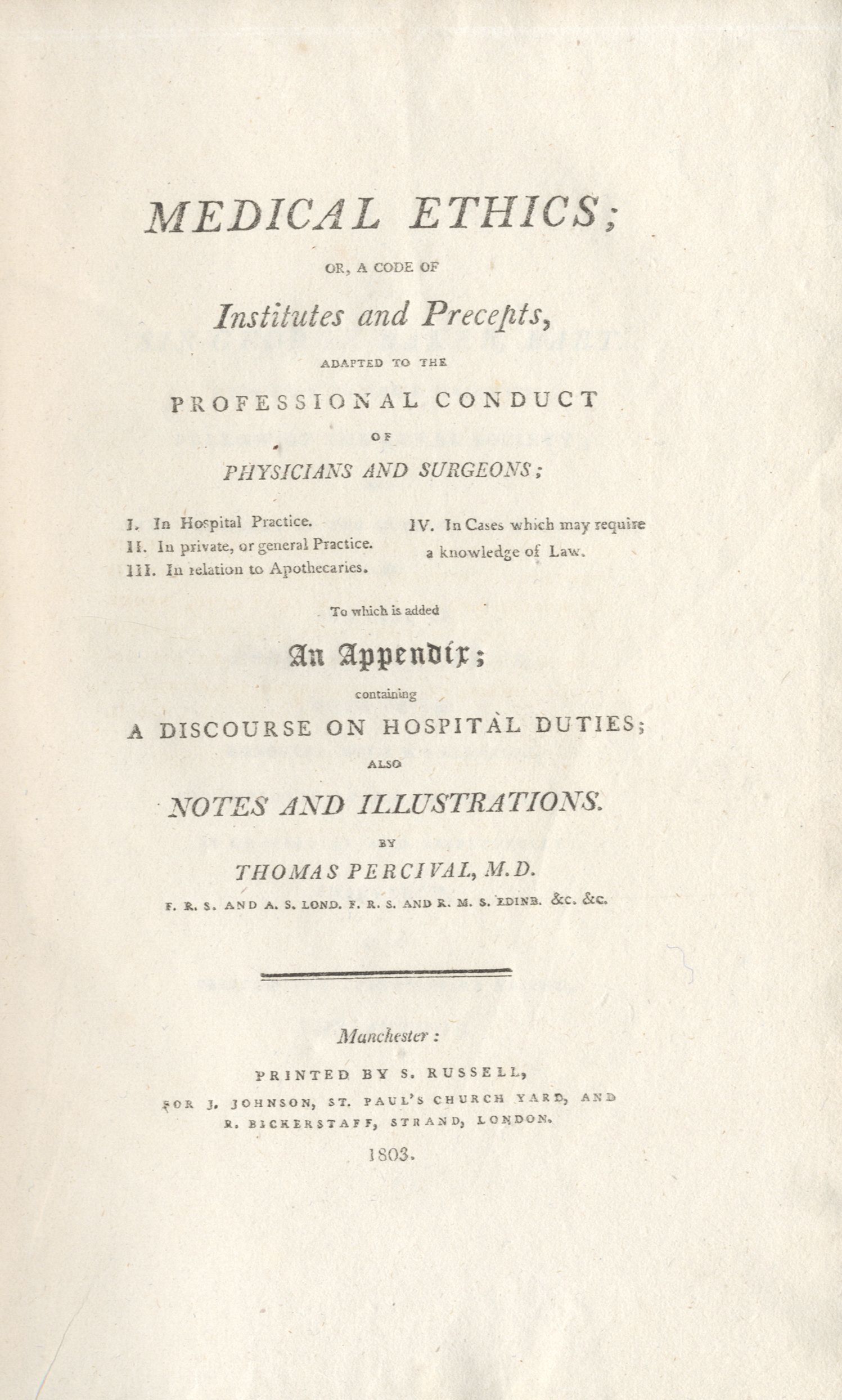 Bonhams : PERCIVAL (THOMAS) Medical Ethics; or, a Code of Institutes ...