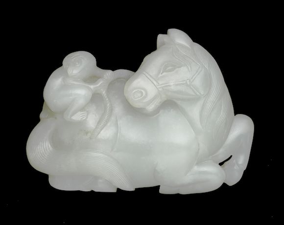 Bonhams : A pale green jade 'horse and monkey' belt buckle 18th century