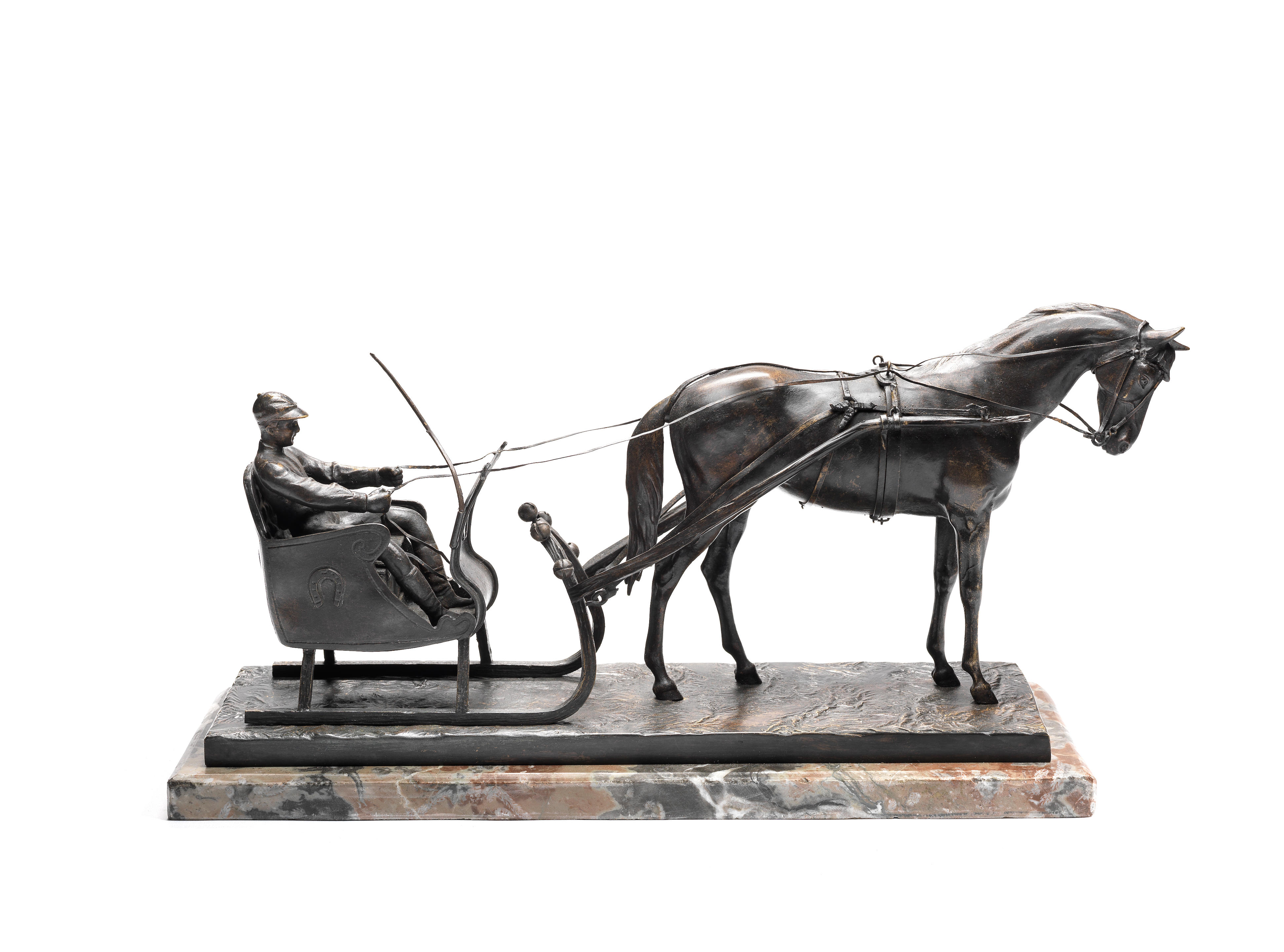 Bonhams : Franz Bergman (Austrian 1861-1936)A bronze equestrian model of a racing sleigh for ice ...
