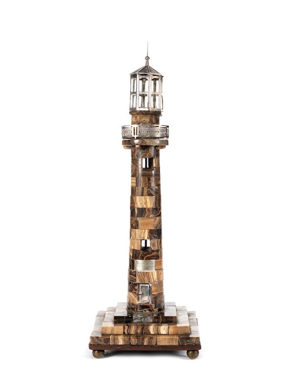 Bonhams : An agate and white metal mounted model of a lighthouse