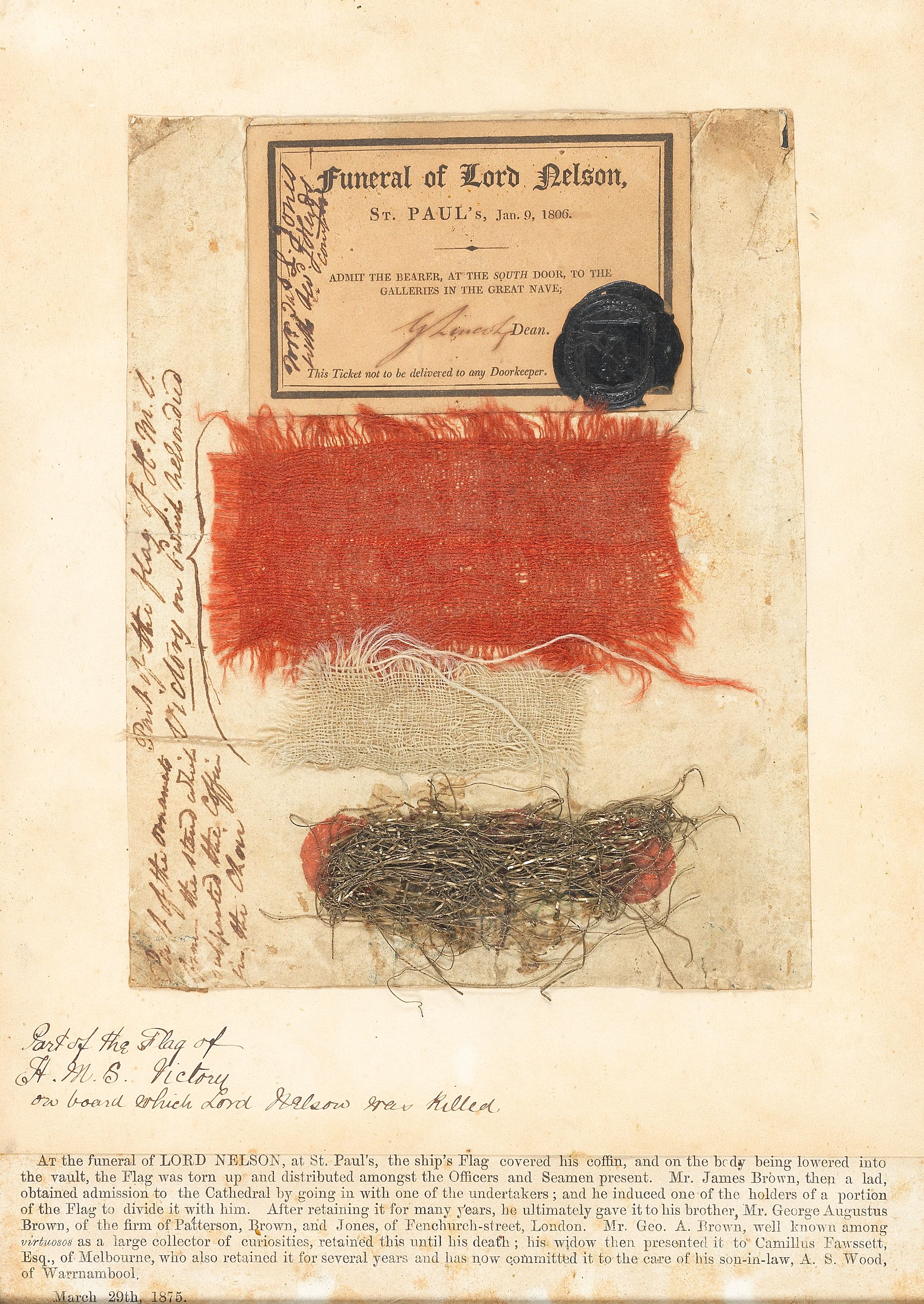 Bonhams : Admiral Lord Nelson a fragment of the flag of the HMS victory ...