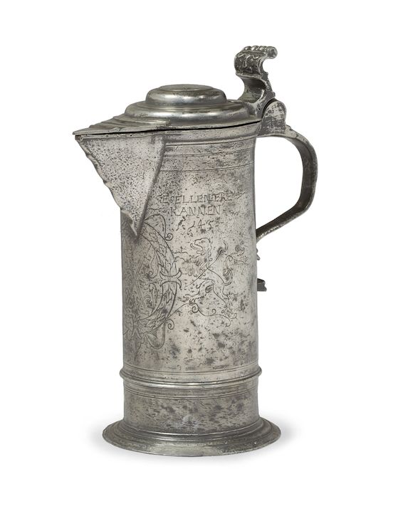 Bonhams : A rare mid-17th century pewter spouted guild flagon of the ...