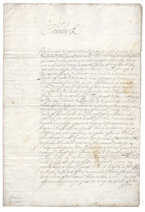 Bonhams : CHARLES I Letter signed ("Charles R" at head), to William ...