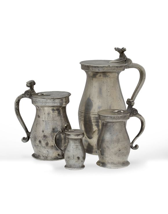 Bonhams : Four 18th century pewter baluster measures, English (4)