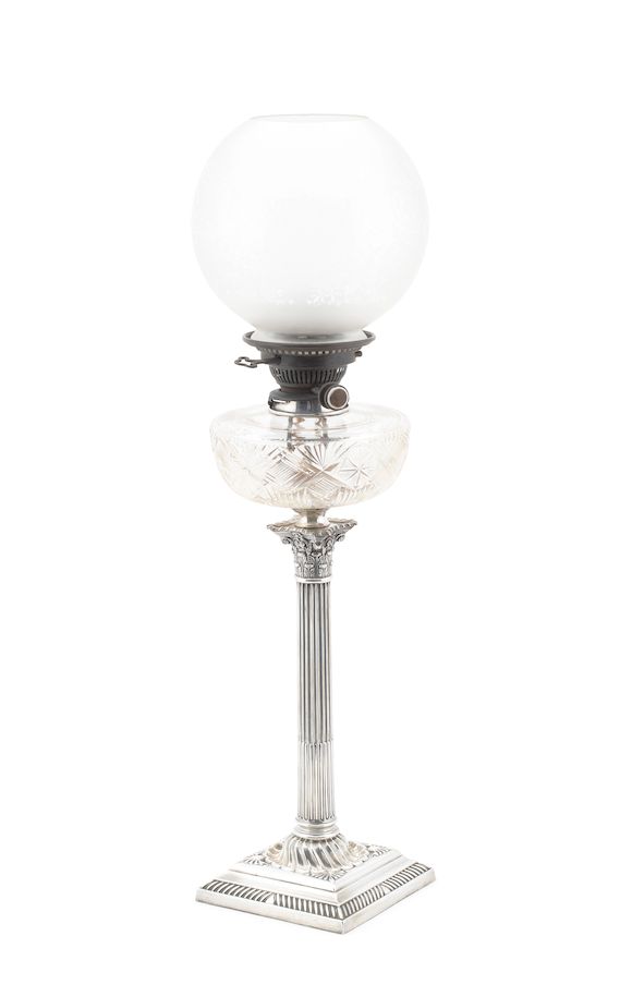 Bonhams : An Edwardian silver Corinthian column oil lamp by Hawksworth ...