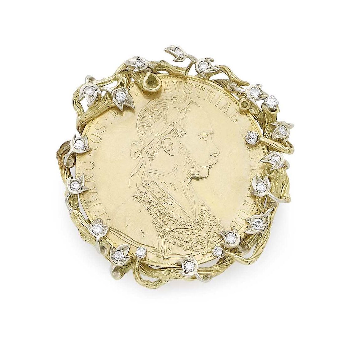 Bonhams : A diamond-set coin brooch