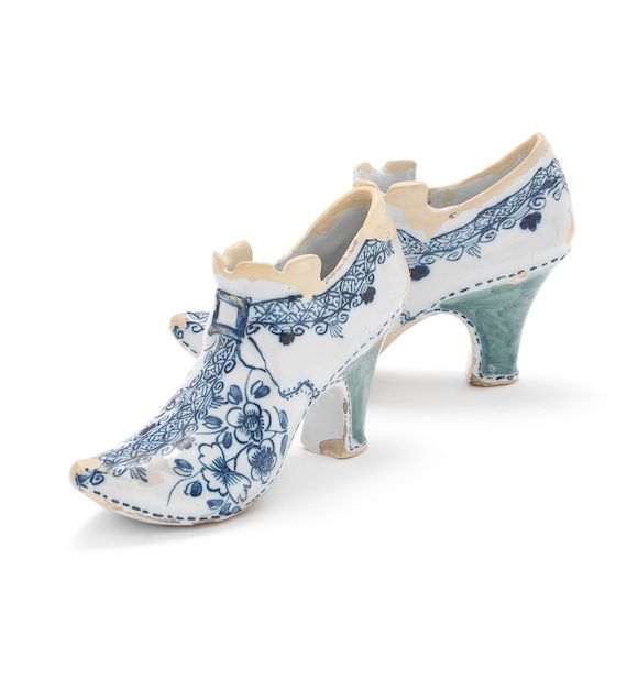 Bonhams : A pair of English delftware shoes, circa 1740-50