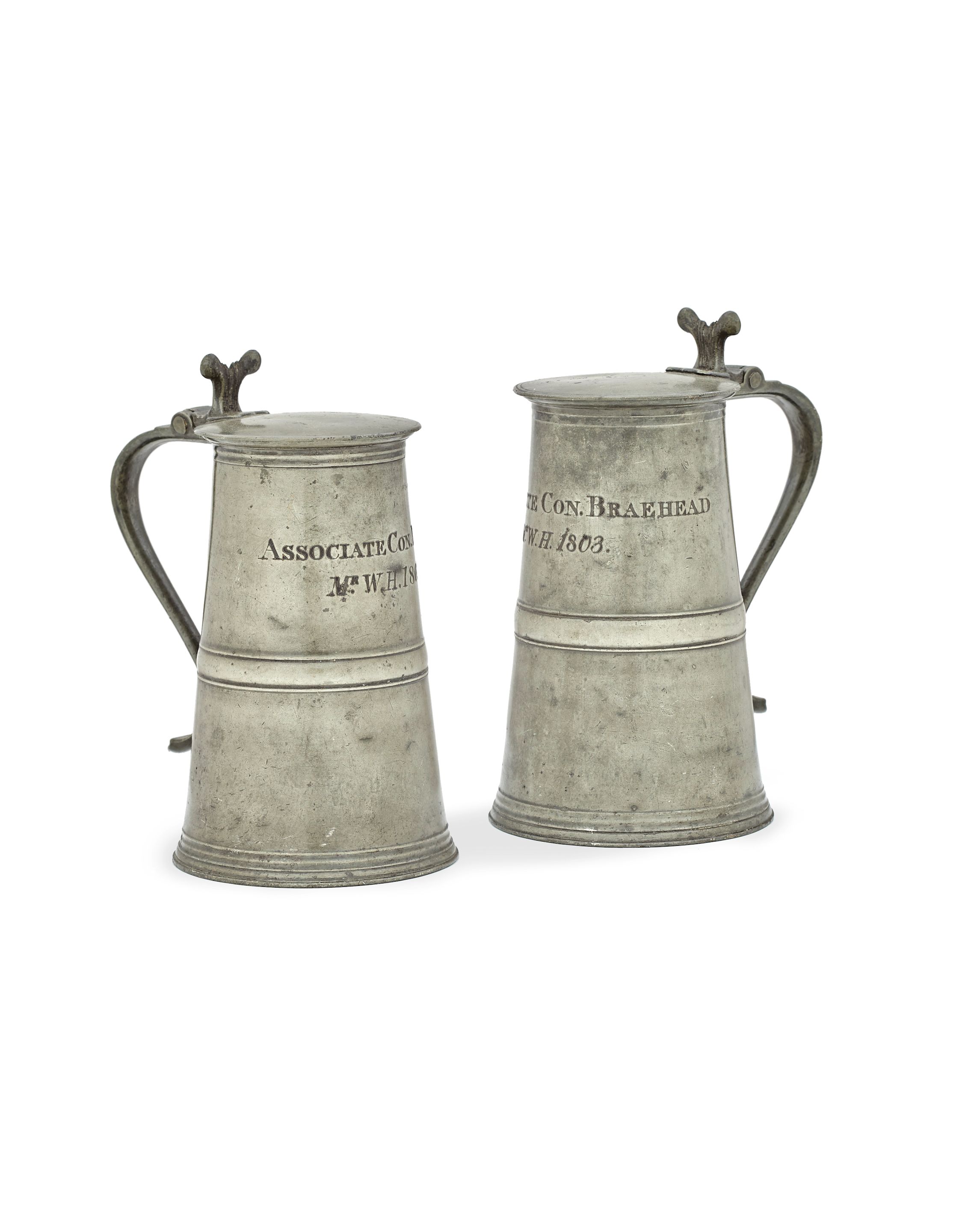 Bonhams : A pair of George III pewter 'flat'-lid communion flagons ...