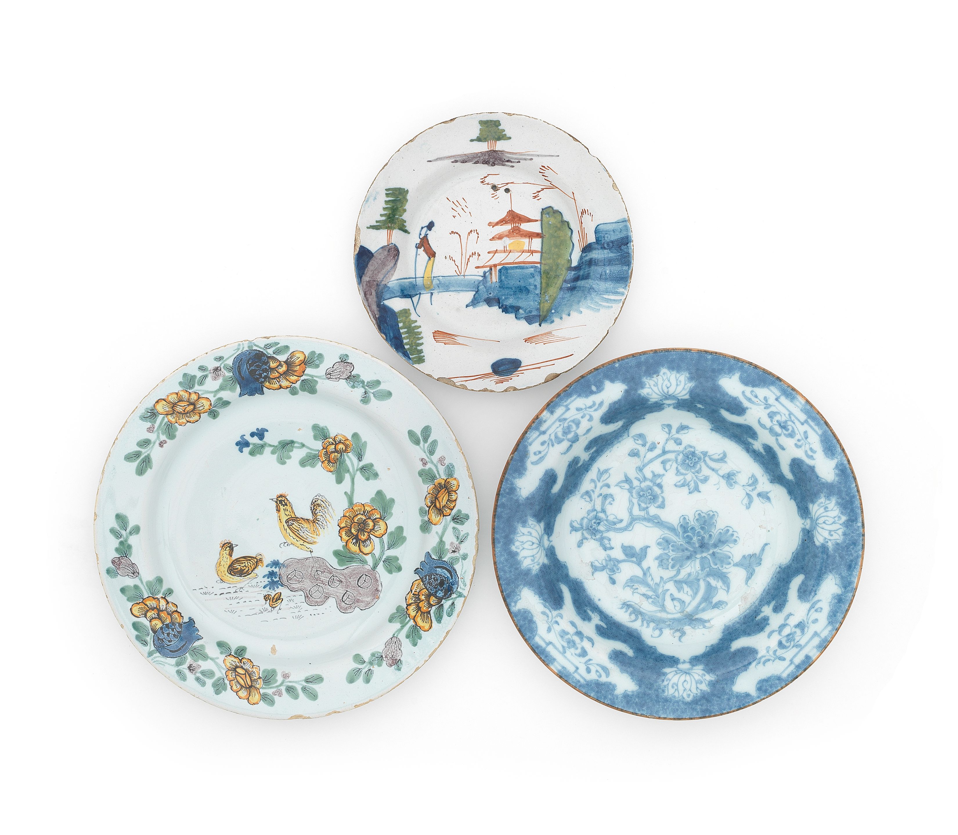 Bonhams : A Liverpool delftware cockerel plate, a Bristol 'woolsack ...