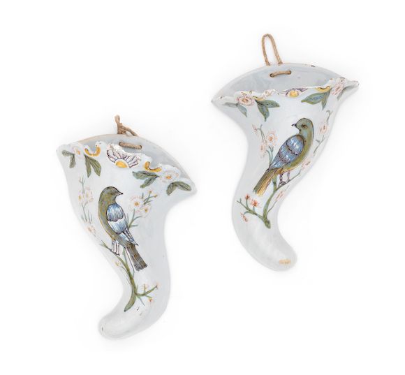 Bonhams : A Pair of Liverpool delftware wall pockets, circa 1760