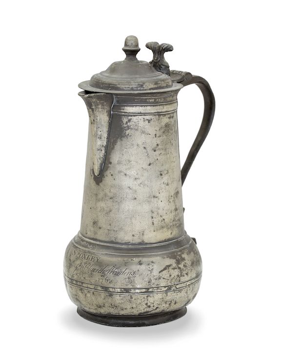 Bonhams : A rare George III pewter spouted York-acorn church flagon ...