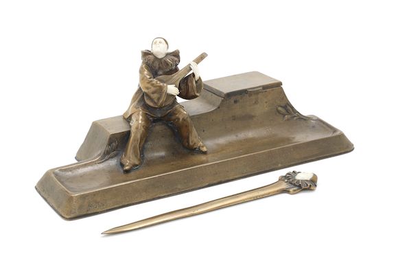 Bonhams : a decorative figural bronze and carved ivory pierrot inkwell ...