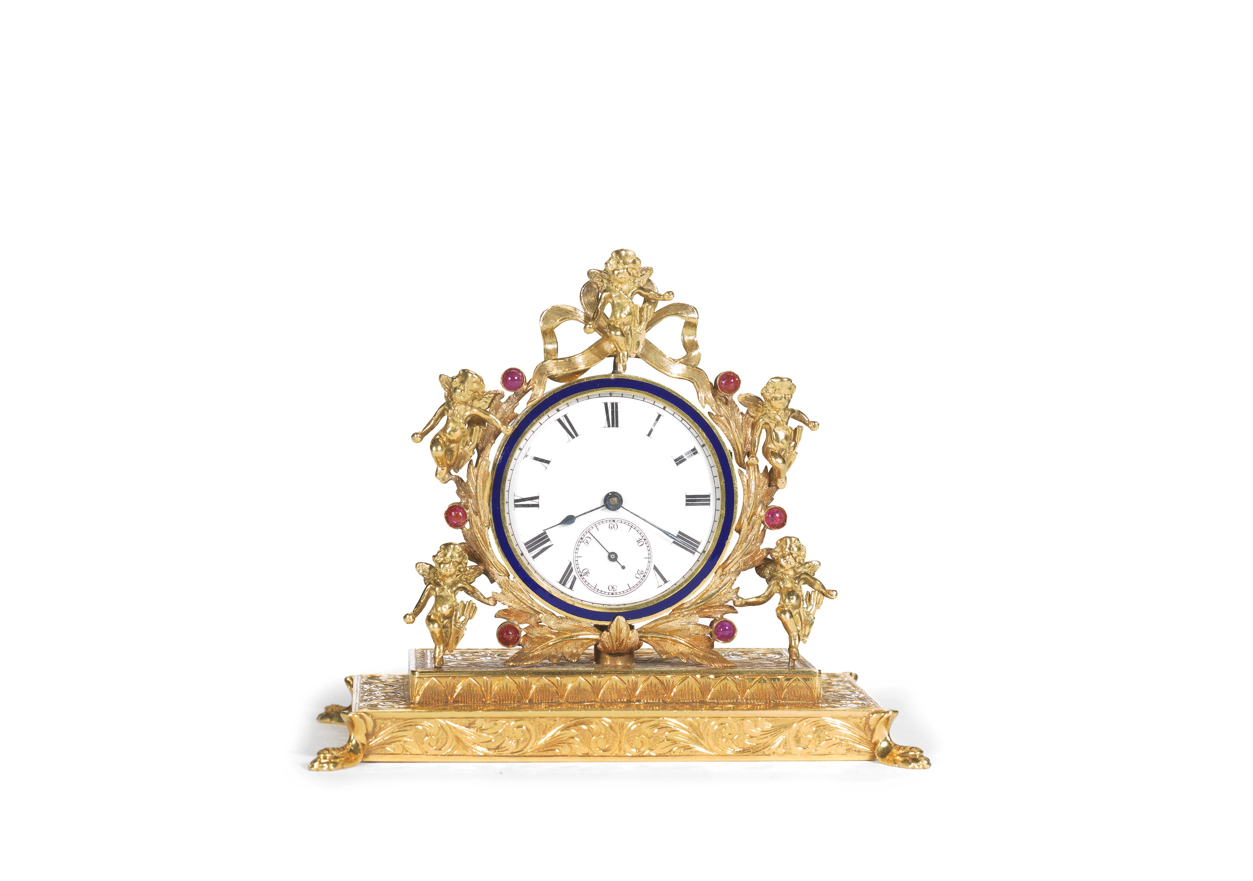 Bonhams : An early 20th century yellow metal and ruby boudoir timepiece