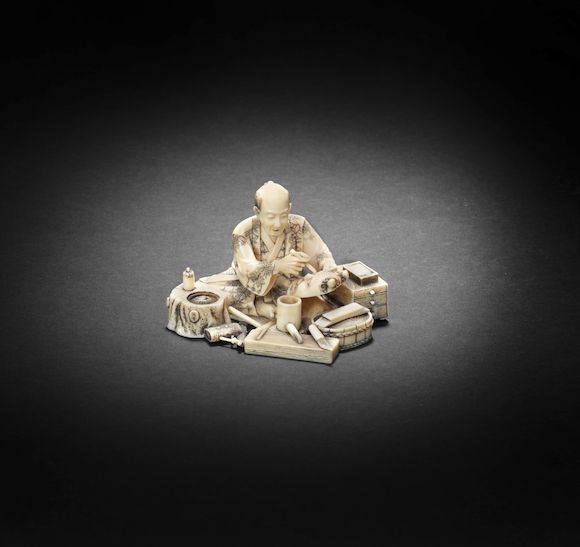 Bonhams : An ivory okimono of a sculptor By Harutoshi, Meiji era (1868 ...
