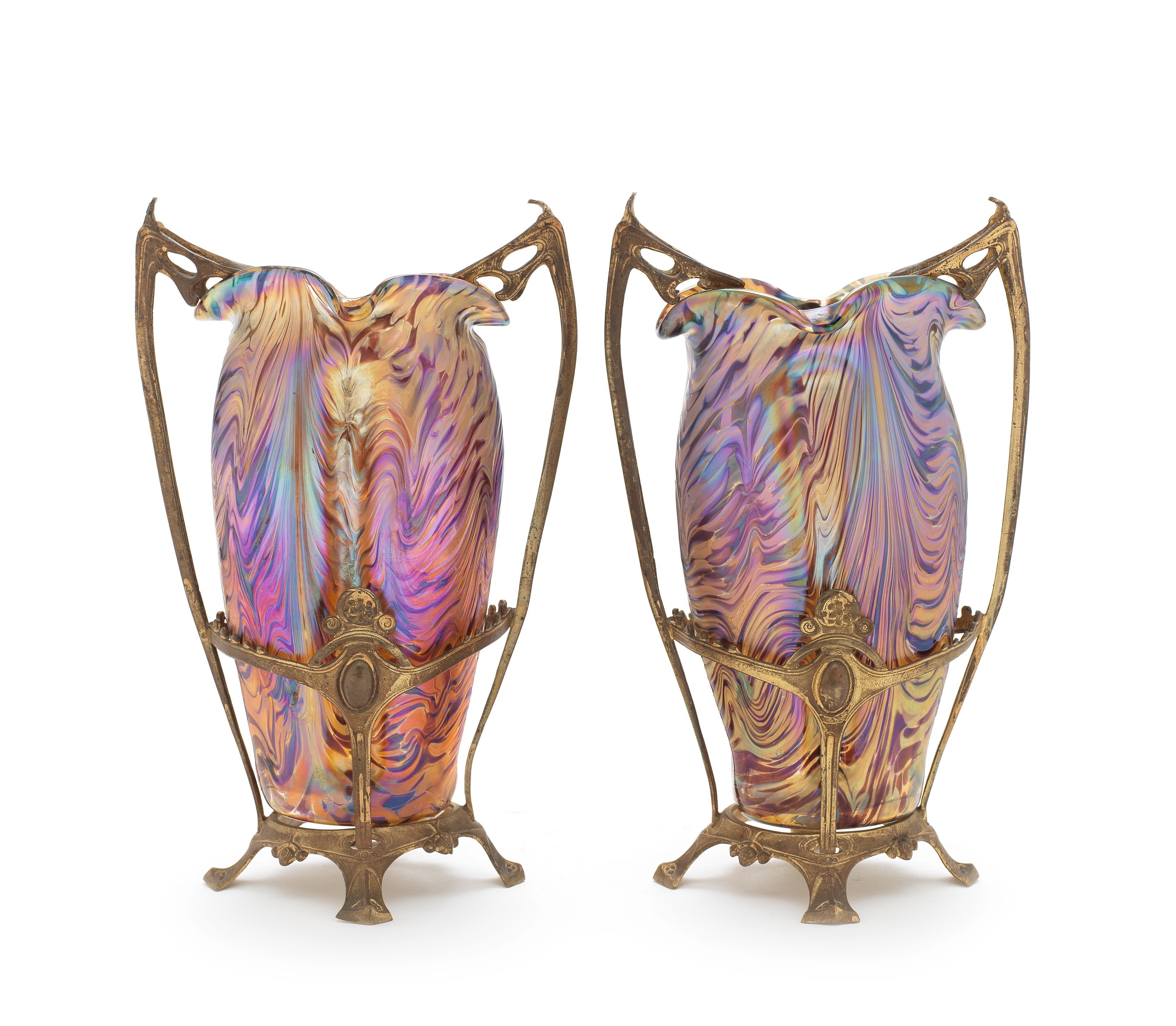 Bonhams : A Pair of Art Nouveau Kralik Gilt Metal Mounted Iridescent ...