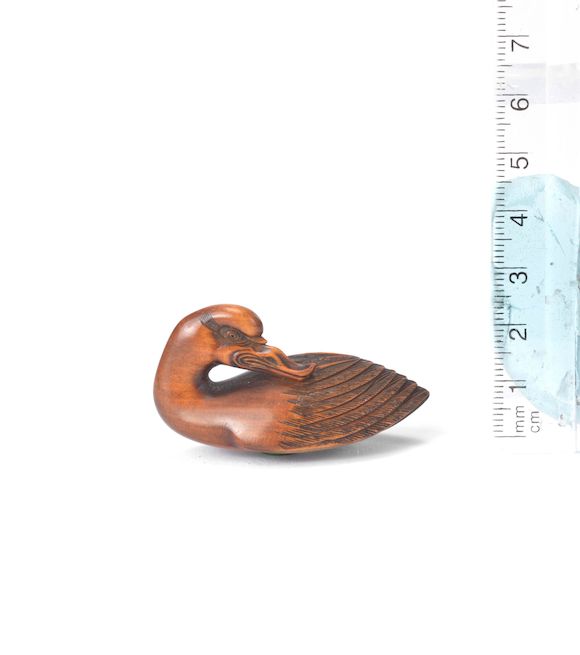Bonhams : A wood netsuke of a resting duck By Hara Shumin III, Edo ...