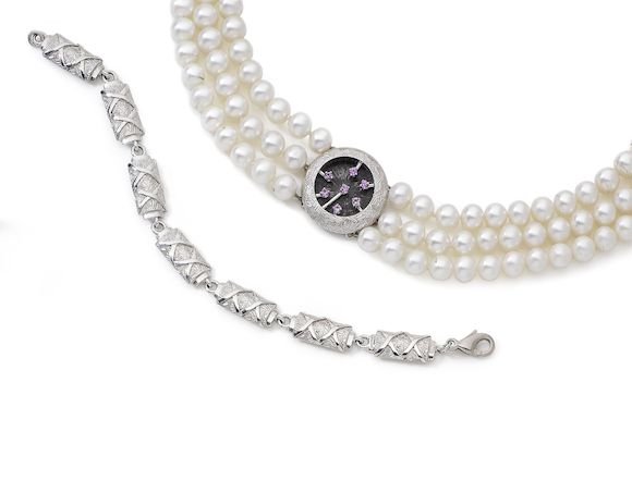 Bonhams : An enamel, pink sapphire and cultured pearl necklace and a ...