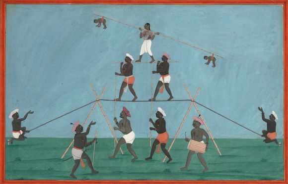 Bonhams : Acrobats performing on a structure of rope and cane Tanjore ...