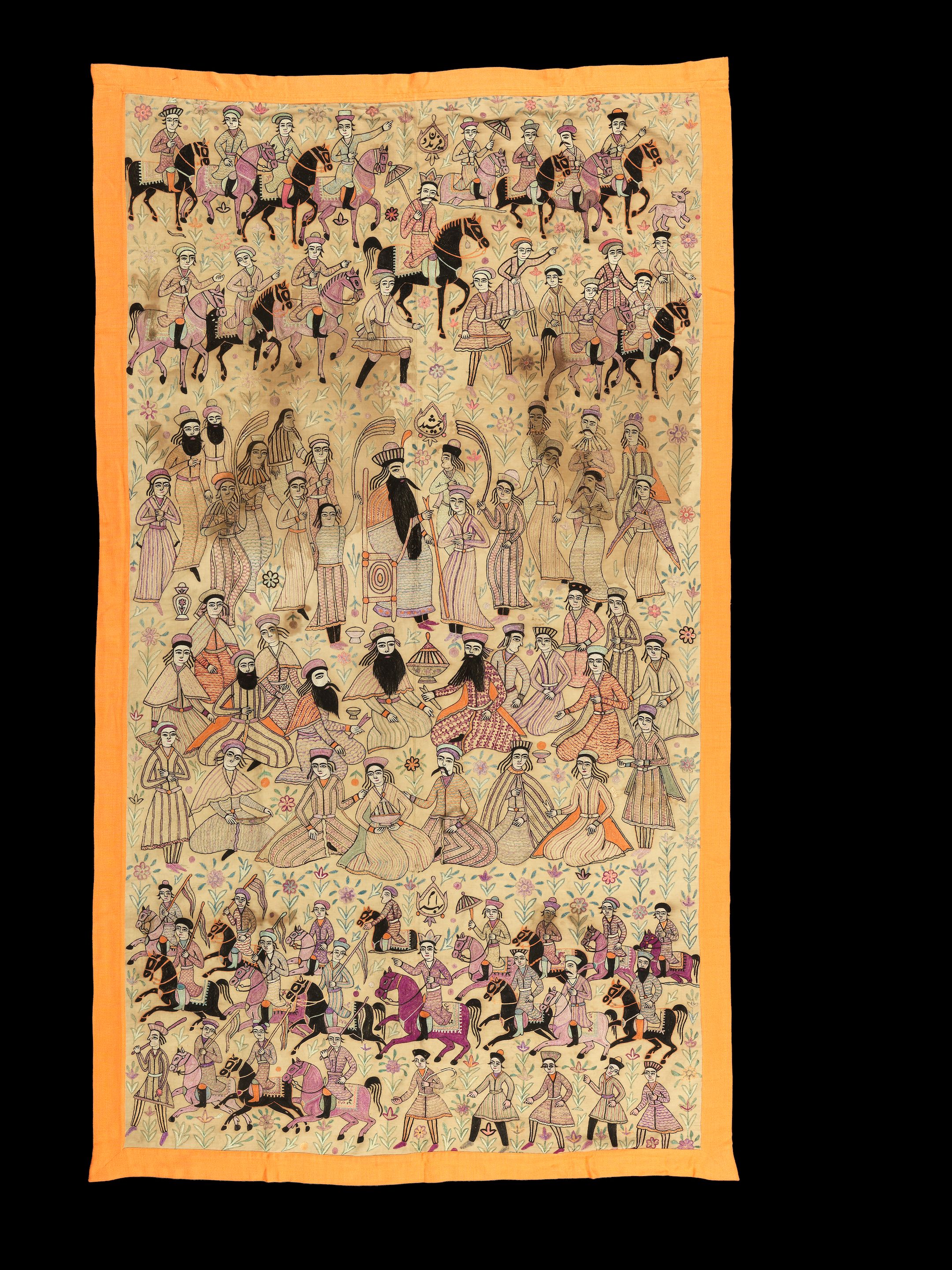 Bonhams : A Qajar silk embroidered linen Panel depicting Kings from ...
