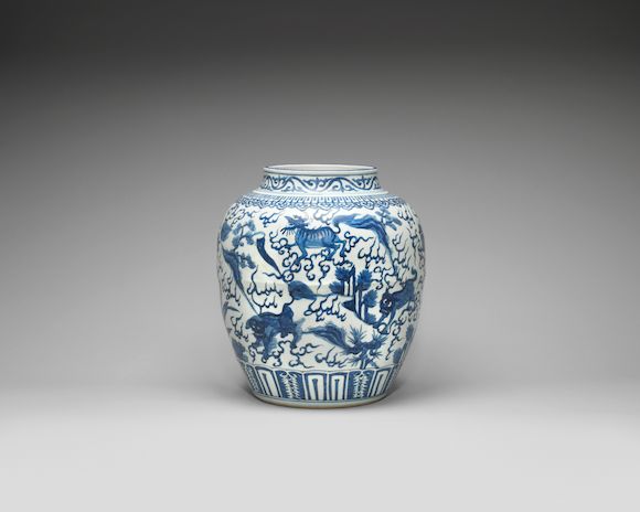 Bonhams : A large blue and white 'mythical beasts' jar Wanli