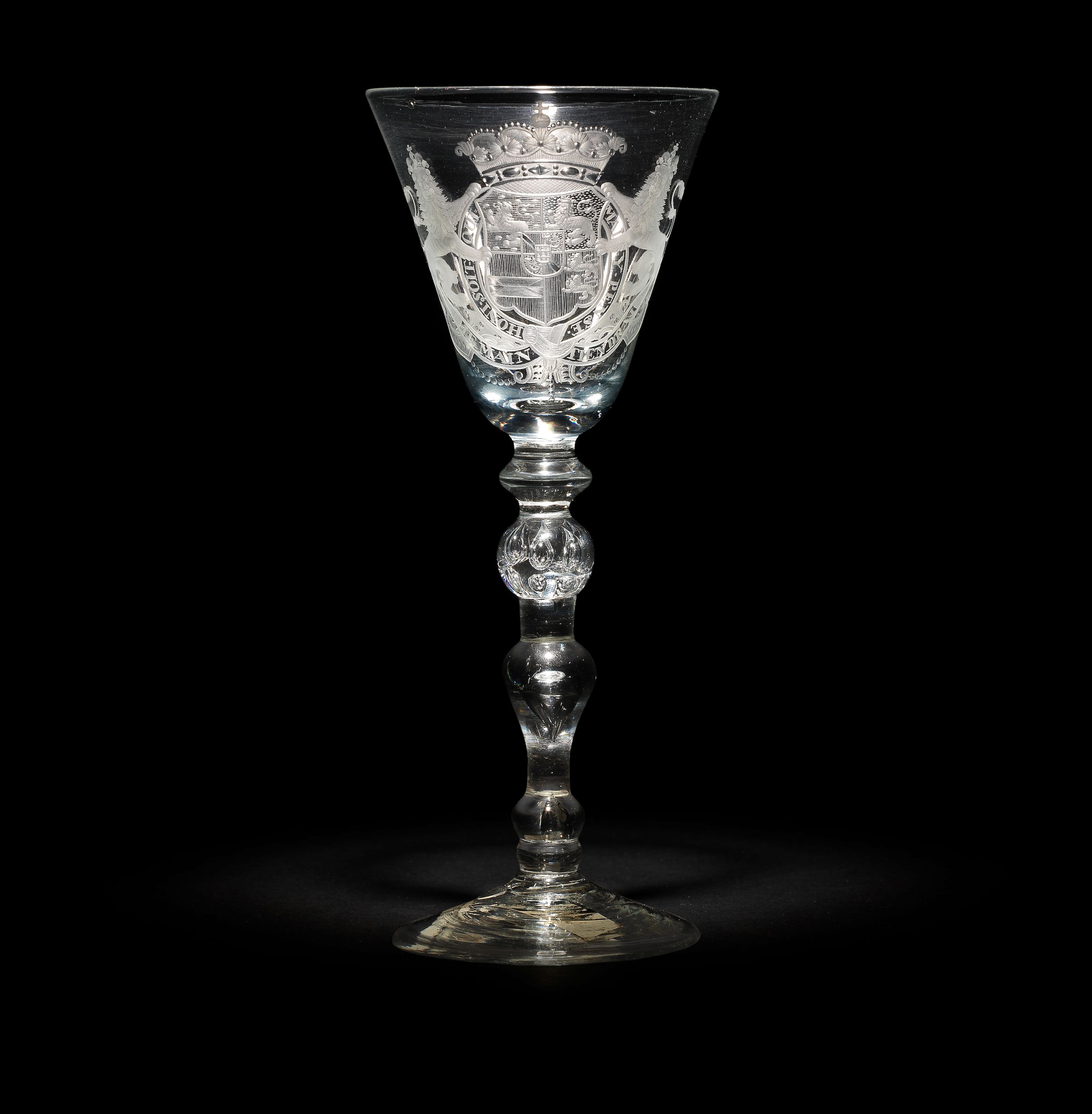 Bonhams : A Dutch engraved royal wine glass, circa 1745