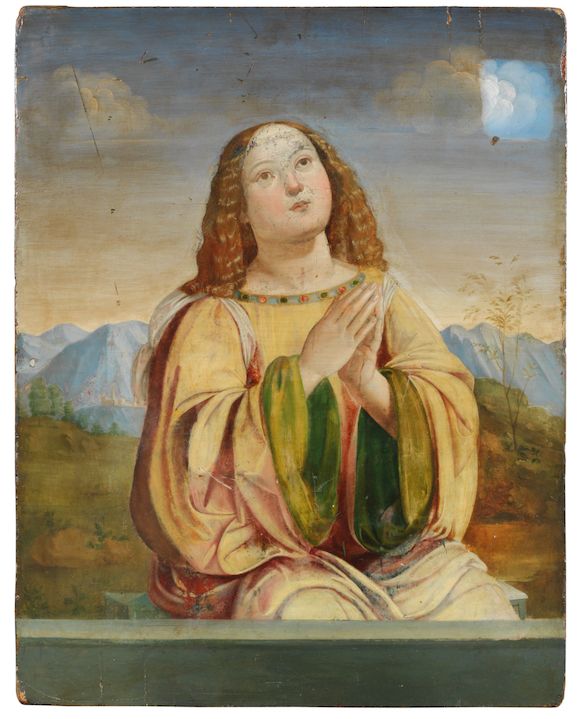 Bonhams : Umbrian School, early 16th century, Praying figure, oil on panel