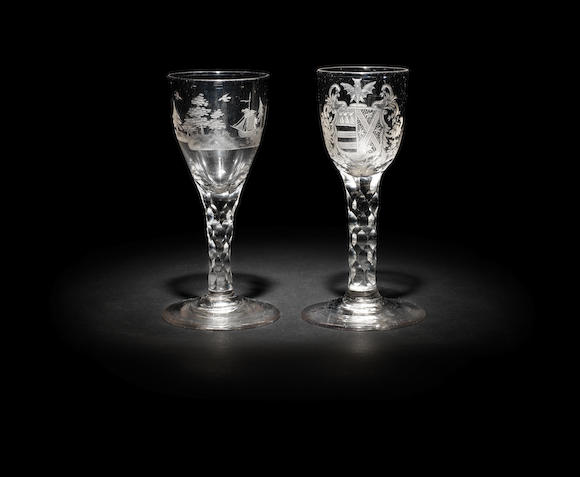 Bonhams Two Engraved Wine Glasses Circa 1780