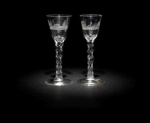 Bonhams Two Engraved Wine Glasses Circa 1780