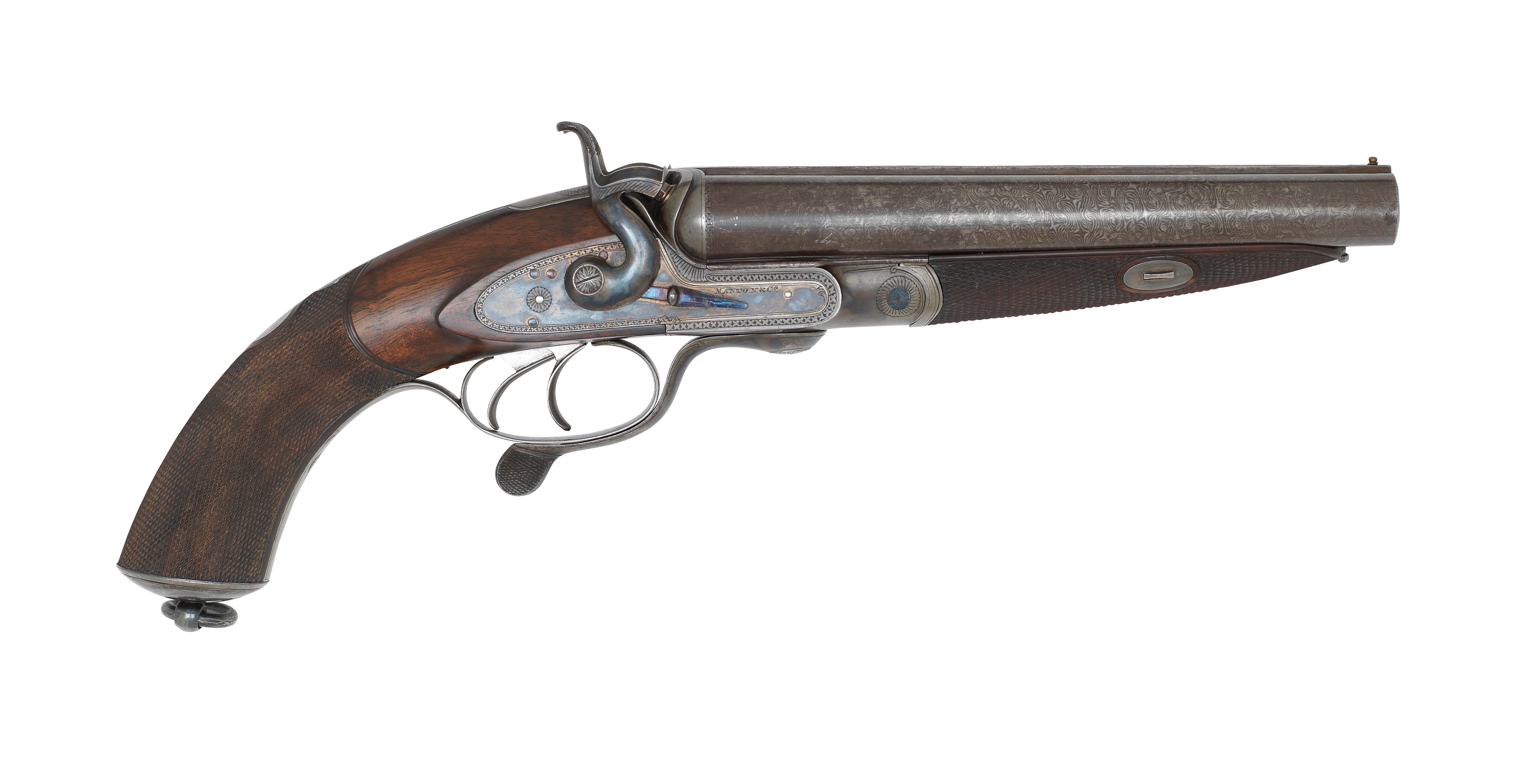 Bonhams : A fine 16-bore double-barrelled hammer howdah pistol by Manton & Co., no. 1200