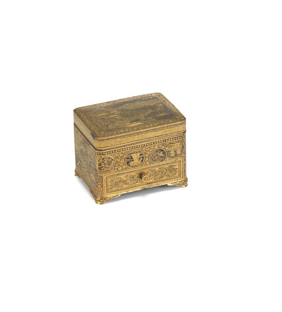 Bonhams : An inlaid iron rectangular small box and cover with integral ...