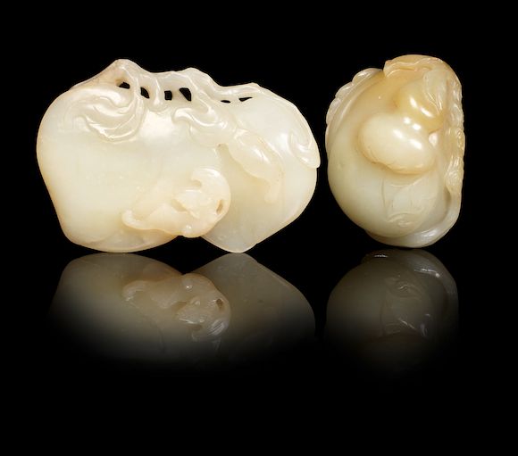 Bonhams : A green and brown jade 'peach and double gourd' group and a ...