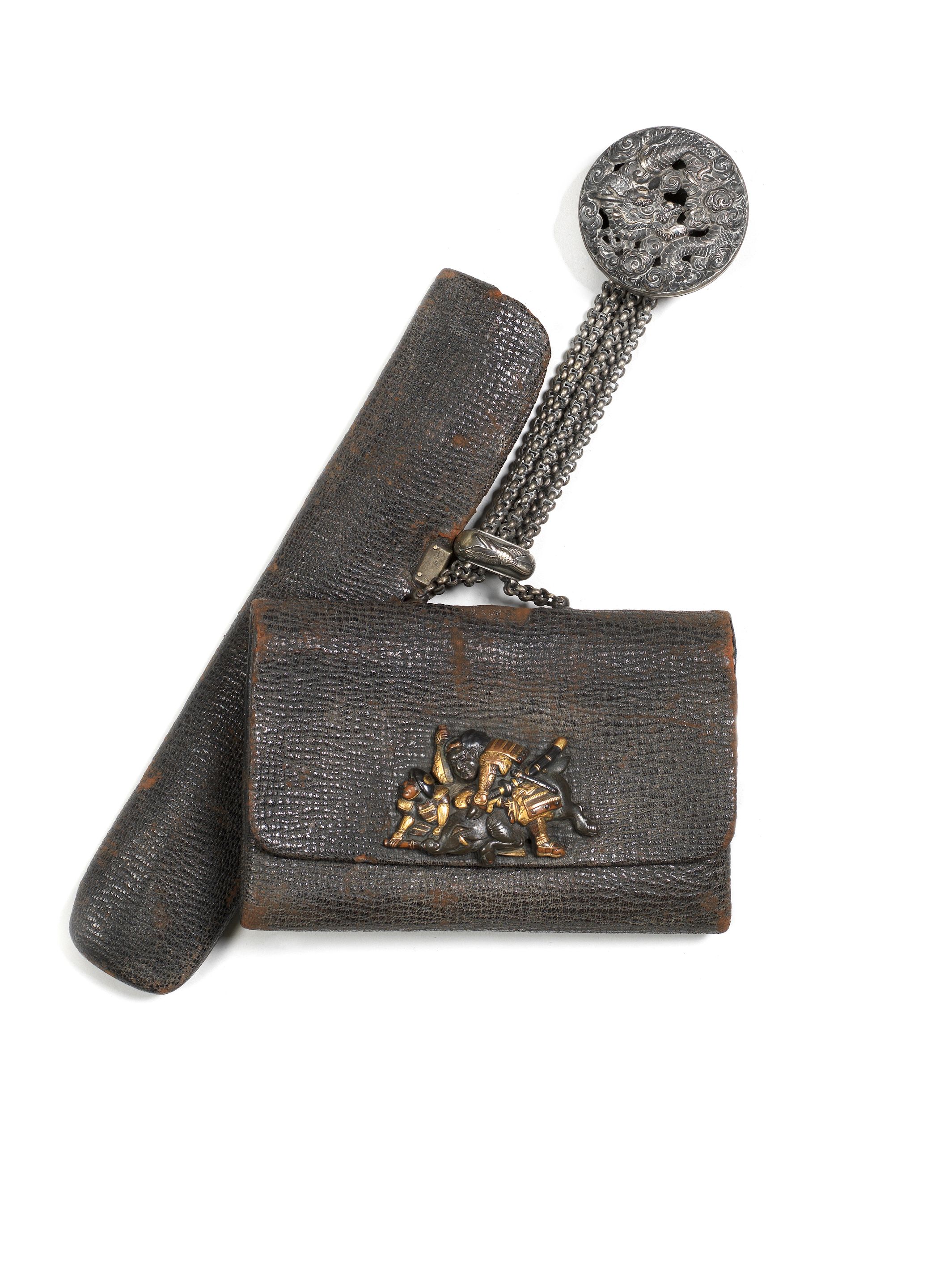 Bonhams : A tabako-ire (tobacco pouch) with a silver manju netsuke, a ...