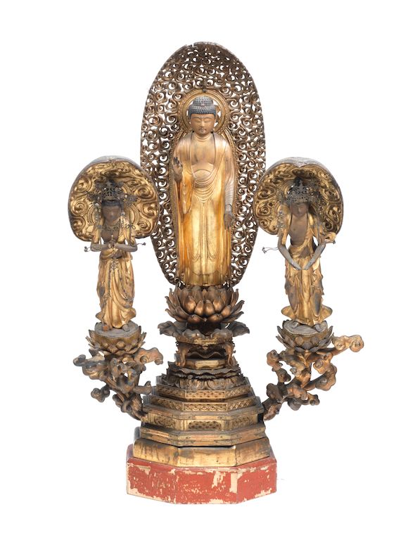 Bonhams : A gilded-wood Amida triad Muromachi (1333-1573), Momoyama ...