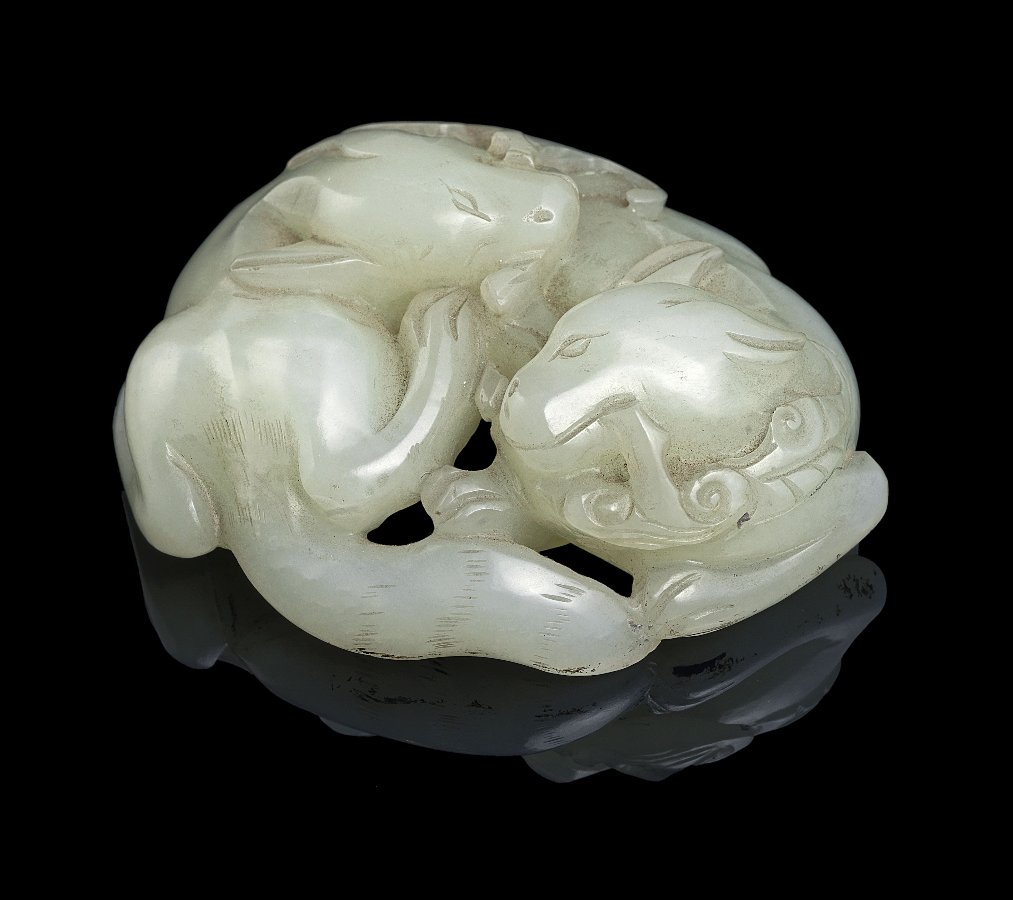 Bonhams : A pale green jade carving of two badgers 18th century (2)