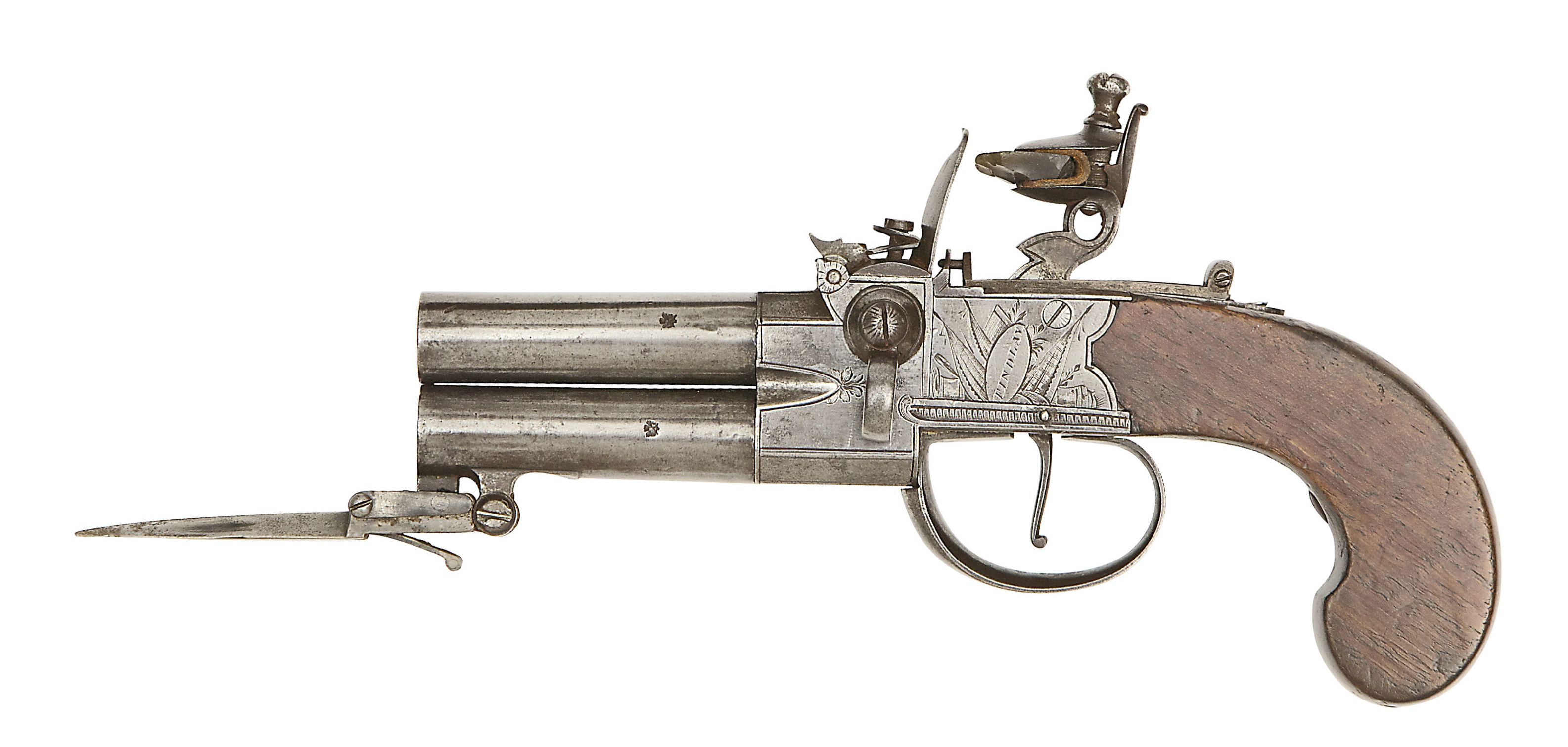 Bonhams : A 60-bore flintlock box-lock over-and-under tap-action pistol