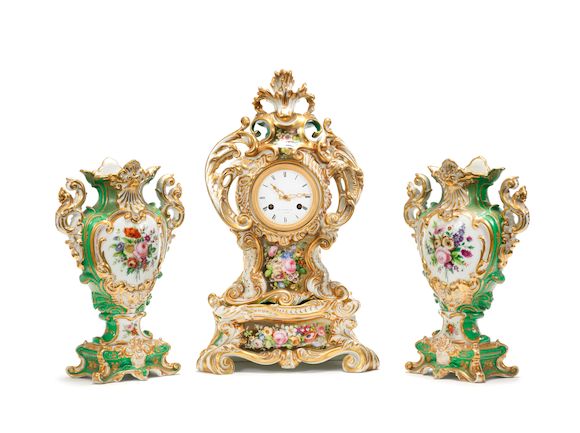 Bonhams : A French porcelain green-ground clock garniture late 19th century