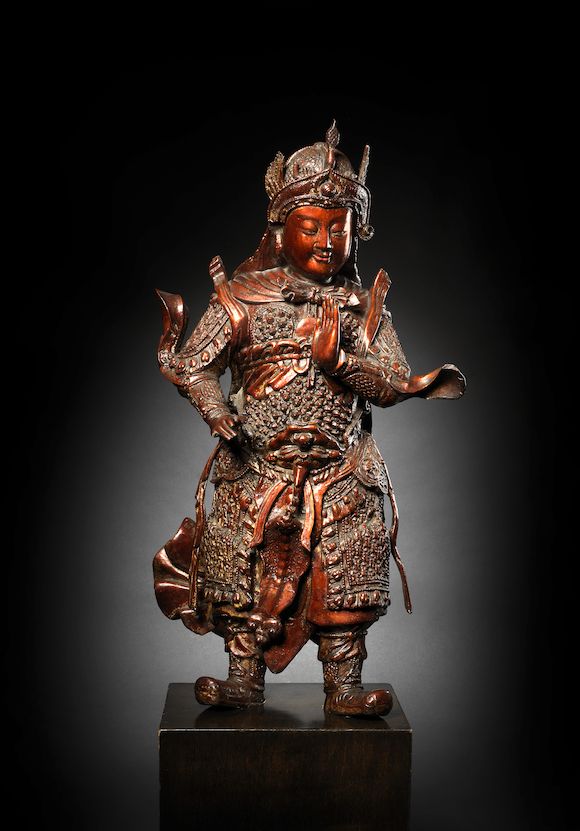 Bonhams : A gilt-lacquered wood carving of Weituo 18th/19th century (2)