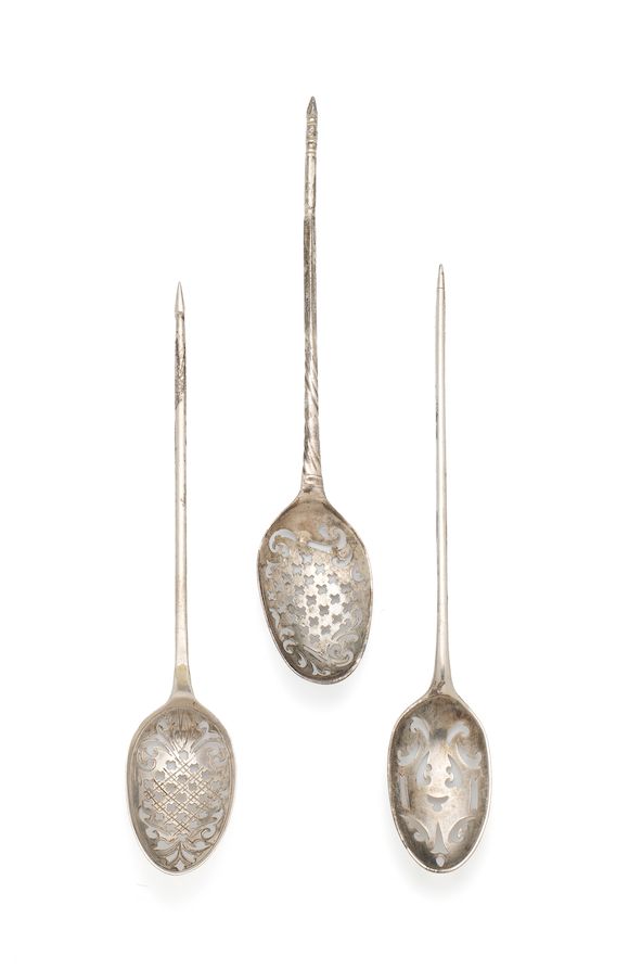 Bonhams : A collection of three silver mote spoons 18th century, and ...